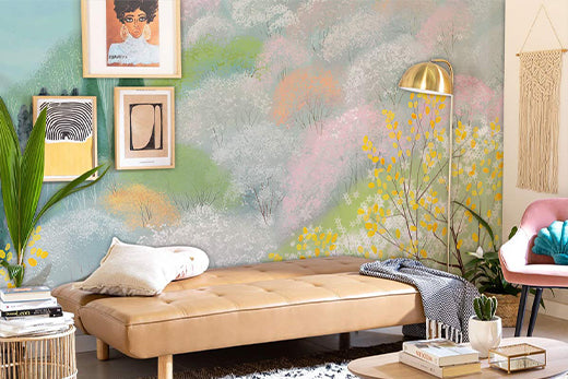 Energetic Living Room Design: Multi-coloured Wall Murals Bring Vitalit