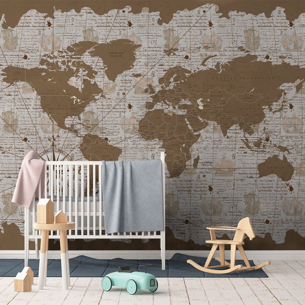 Vintage World Map Wallpaper Mural, Rustic Brown Nautical Adventure Design