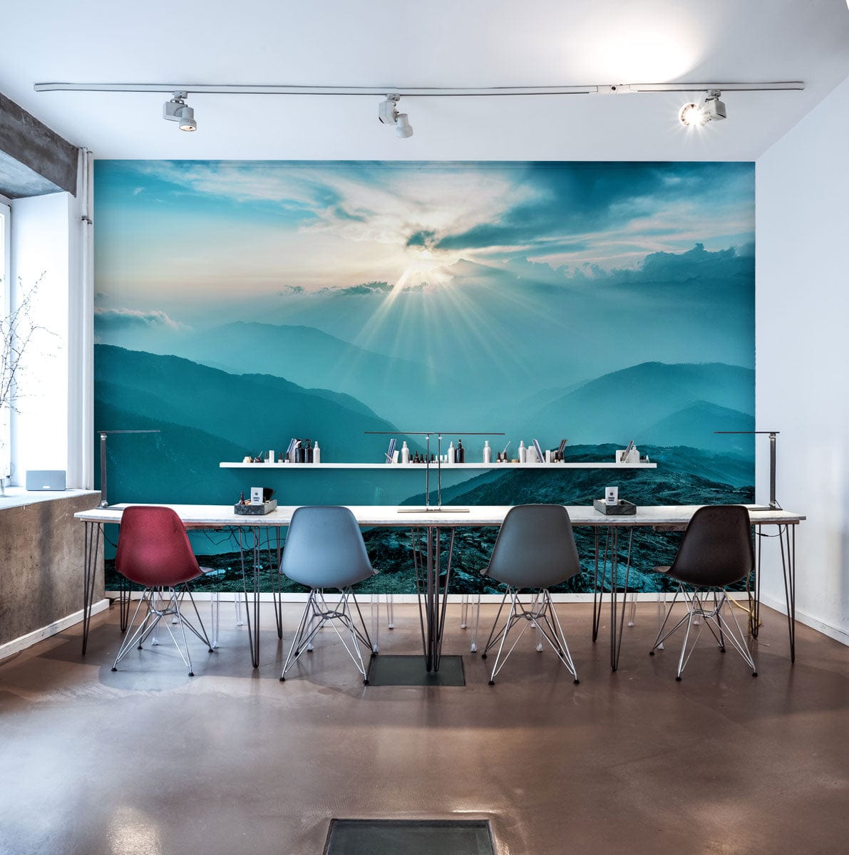 Serene Mountain Sunrise Mural Wallpaper in Tranquil Blue Tones